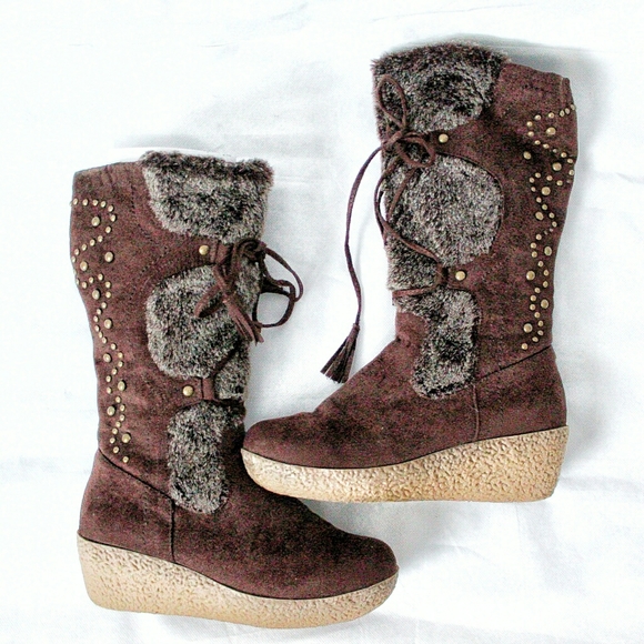 Rouge Helium | Shoes | Rouge Helium Brown Suede Furry Wedge Winter ...